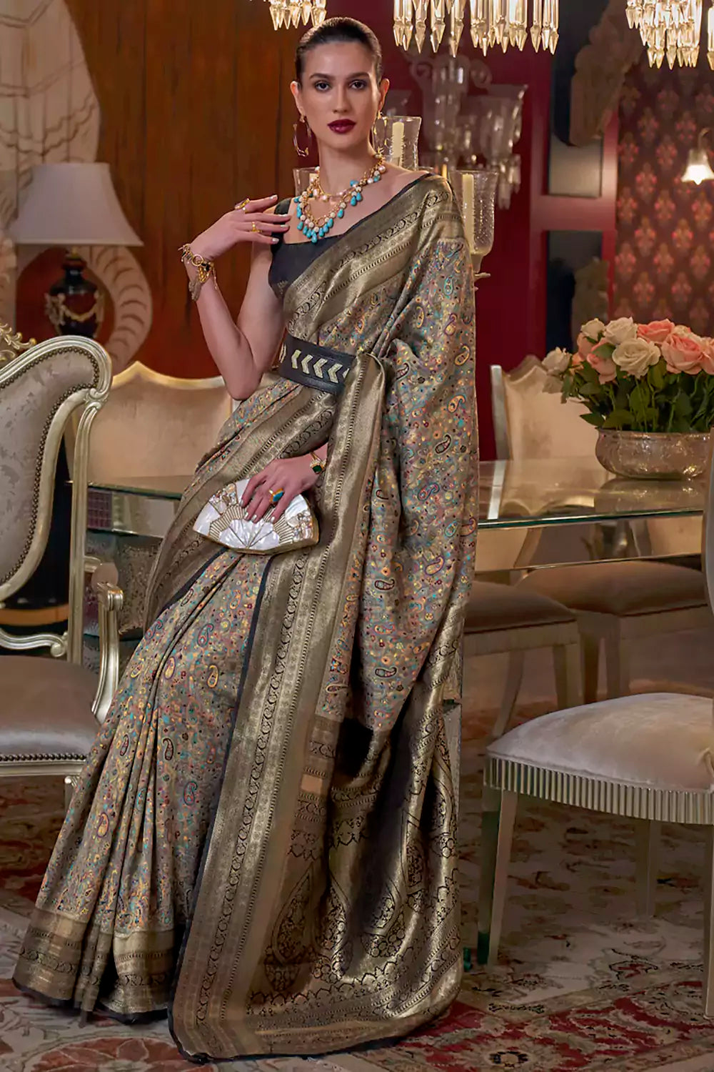 Buy Smoke grey and Golden Kashmiri Jamewar Silk Saree Online - MySilkLove