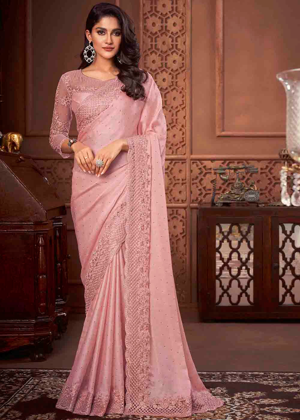 Buy Puce Pink Satin Silk Designer Saree Online - MySilkLove