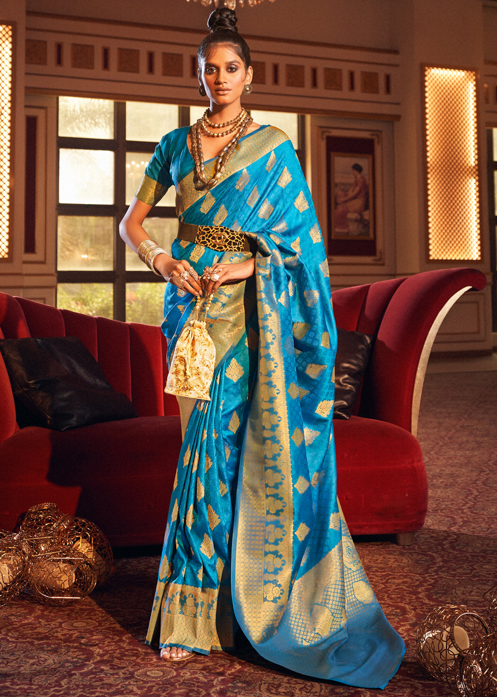 Buy Cerulean Blue Woven Banarasi Silk Saree Online - MySilkLove
