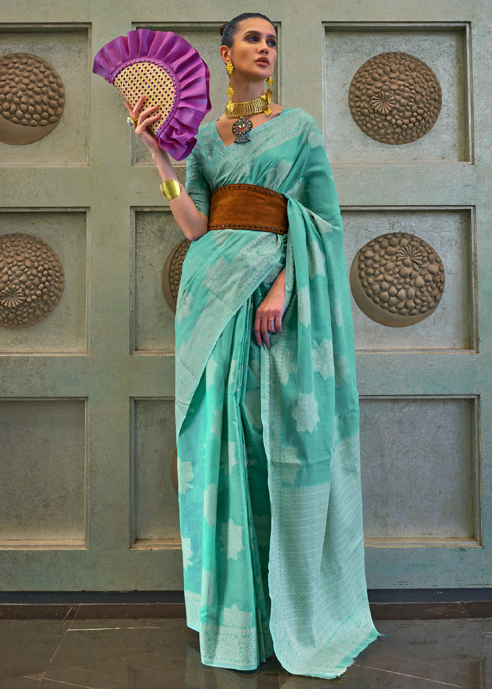 Buy Sinbad Blue Lucknowi Woven Chikankari Saree Online - MySilkLove