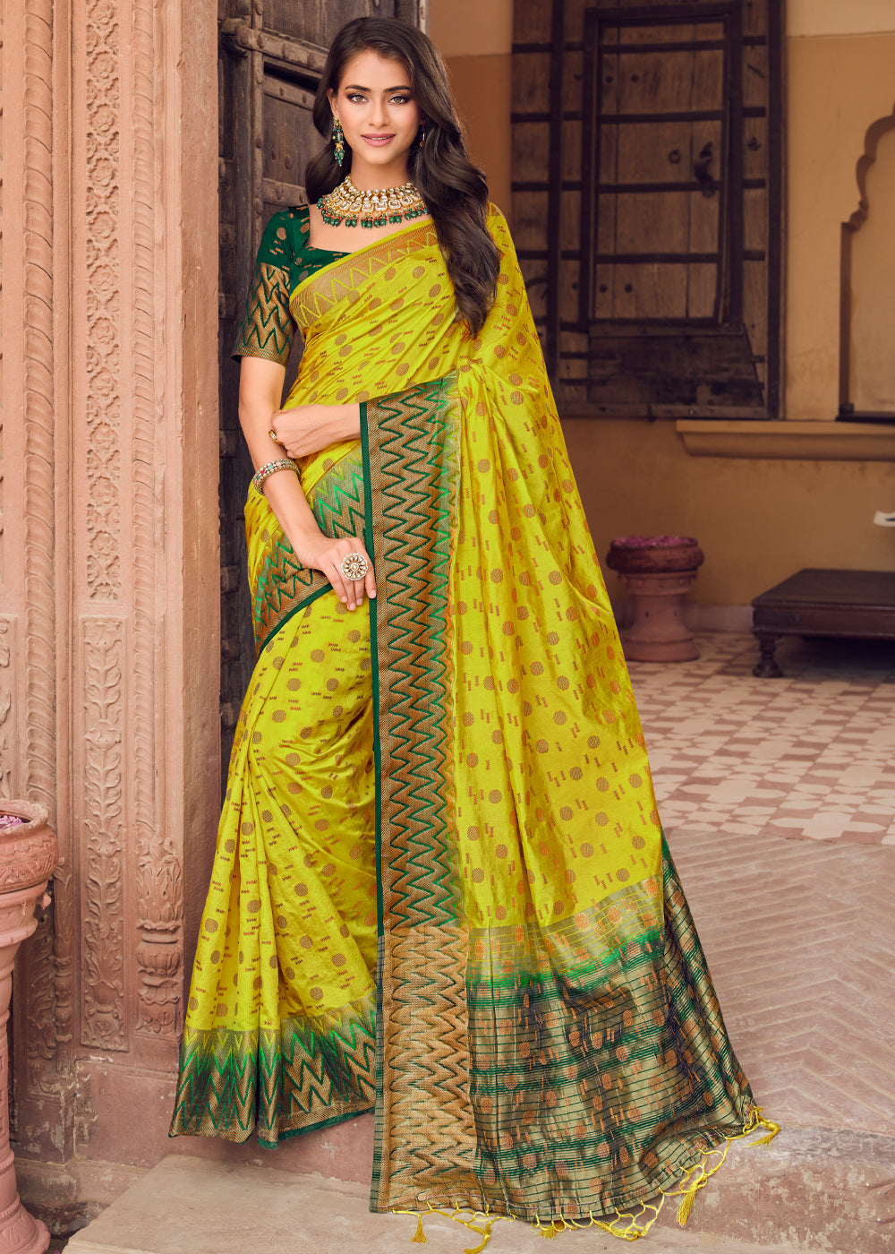 Buy Wattle Yellow Woven Banarasi Raw Silk Saree Online - MySilkLove